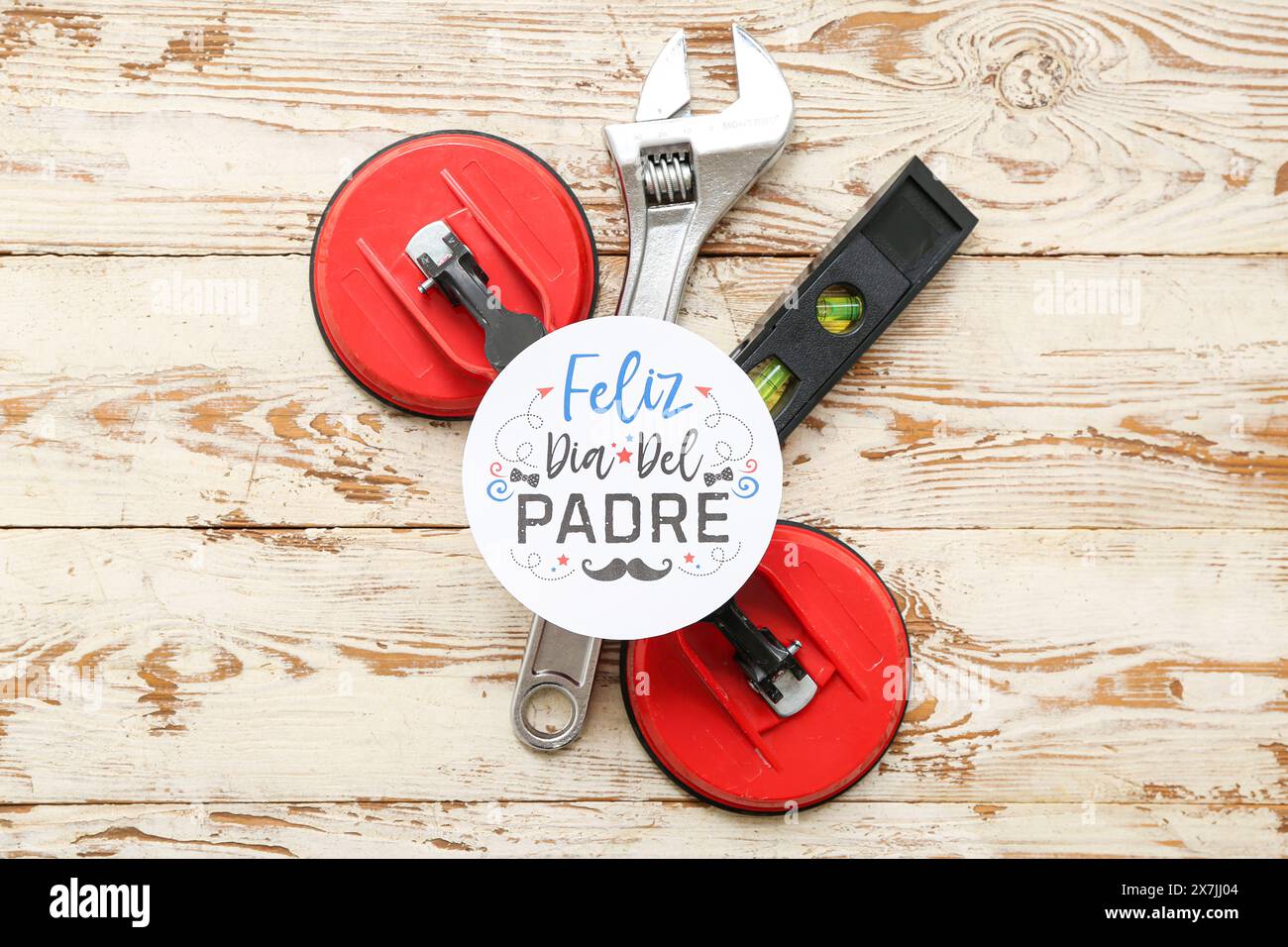 Tools And Greeting Card With Text Feliz Dia Del Padre On Wooden