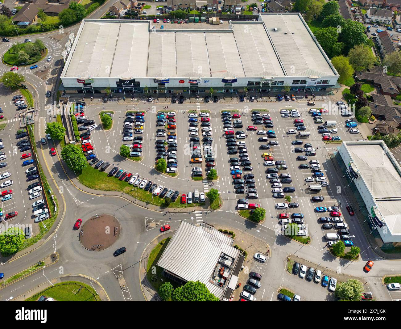 Talbot Green, Wales, UK - 11 May 2024: Drone aerial view of the retail ...