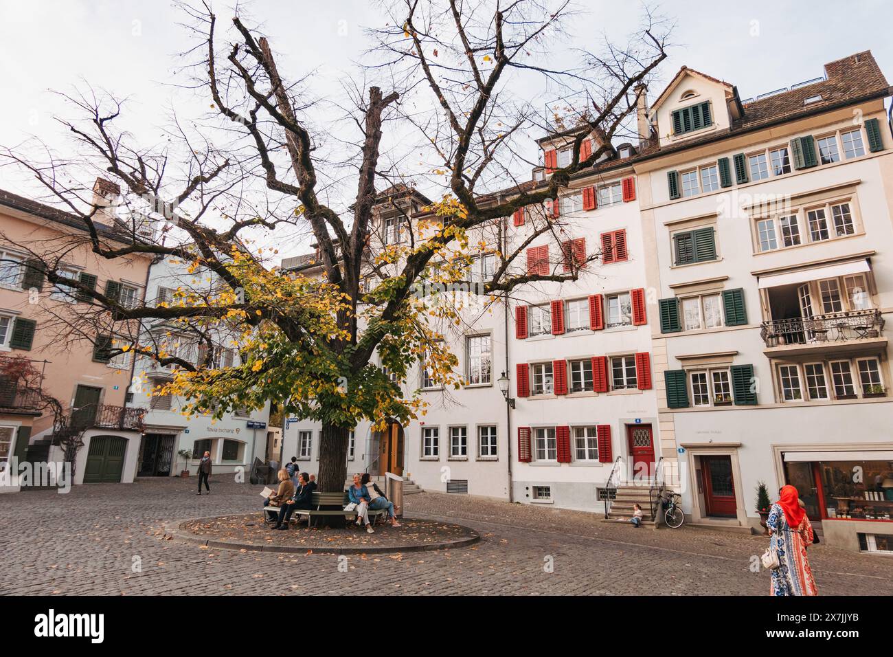 People sit beneath a large deciduous tree in a Zurich city square in ...