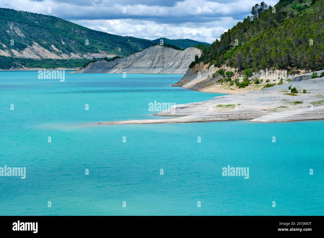 Reservoir with blue waters and bank. Yesa reservoir. Aragon, Spain ...