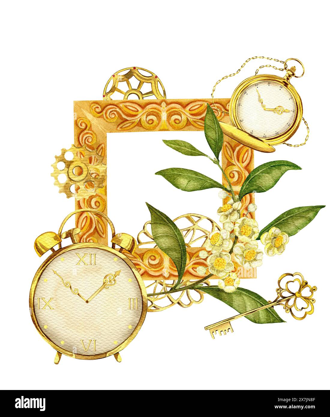 A vintage composition with gold clocks, a key, gears, a decorative ...