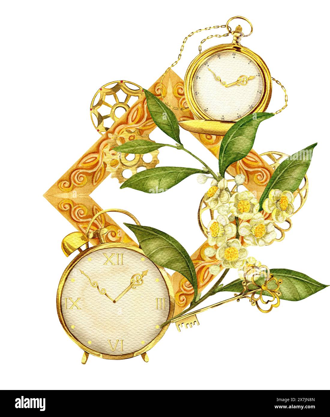 A vintage composition with gold clocks, a key, gears, a decorative ...