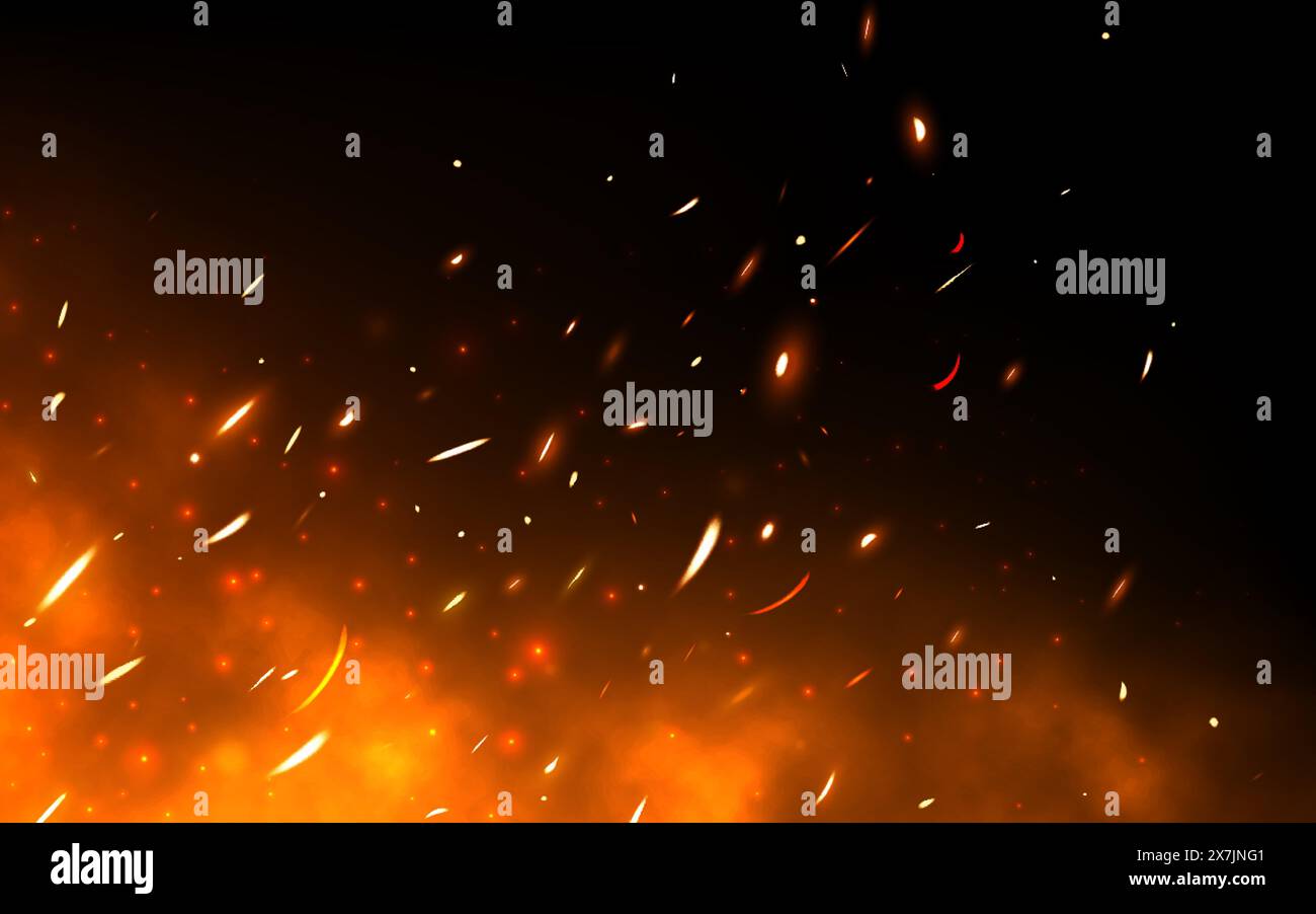 Fire sparks. Realistic flame background. Bright flying particles. Heat ...