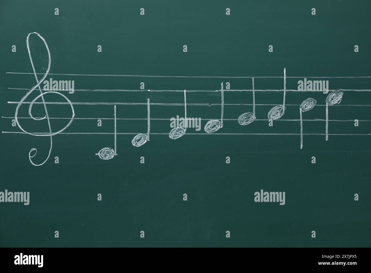 Musical notes written with chalk on green board Stock Photo - Alamy