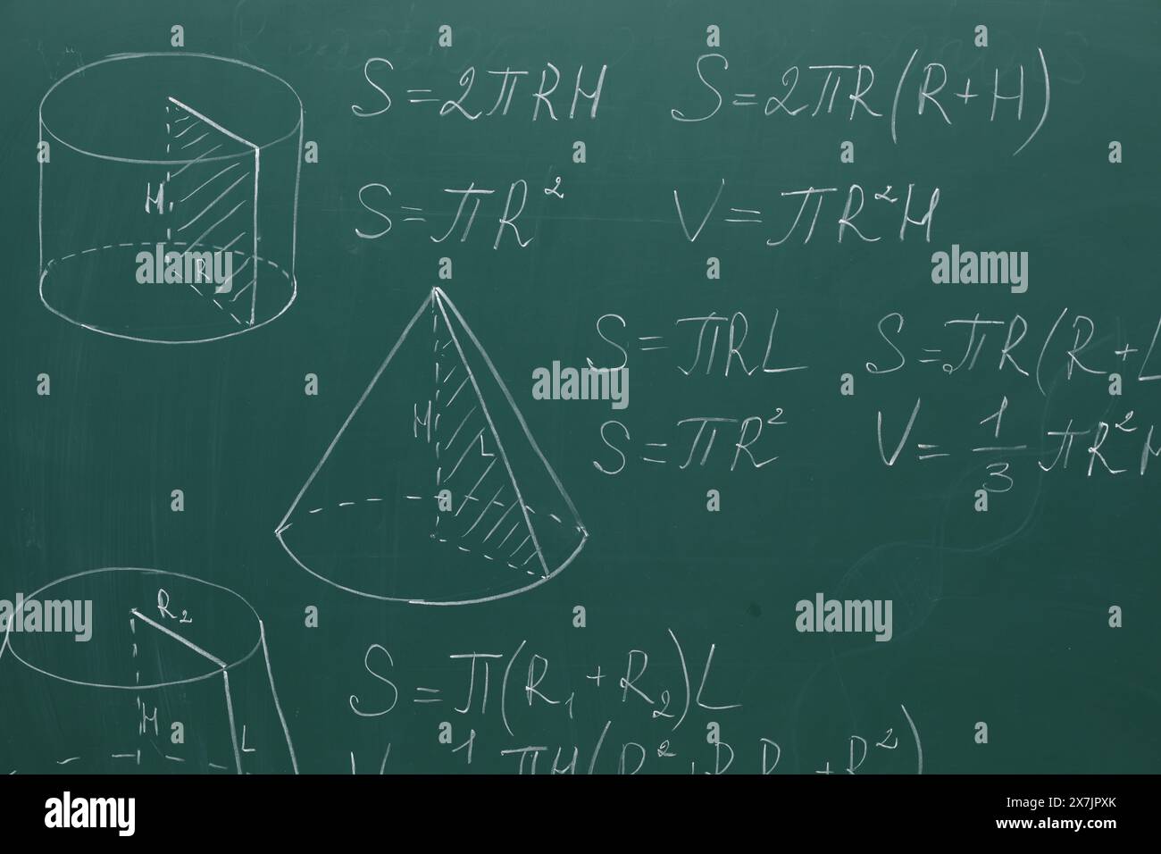 Different math formulas written with chalk on green board Stock Photo ...
