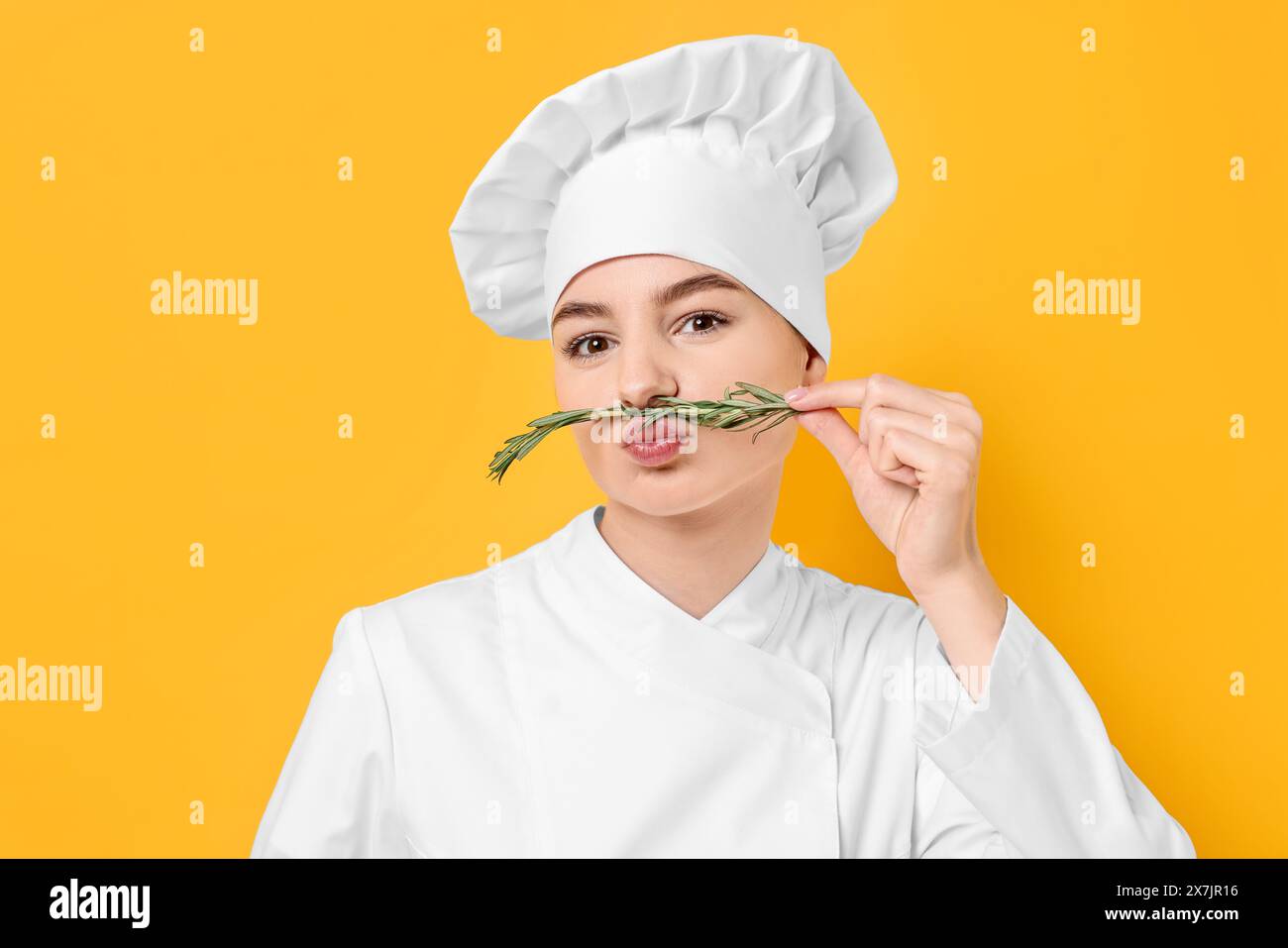 Professional chef with fresh rosemary having fun on yellow background ...