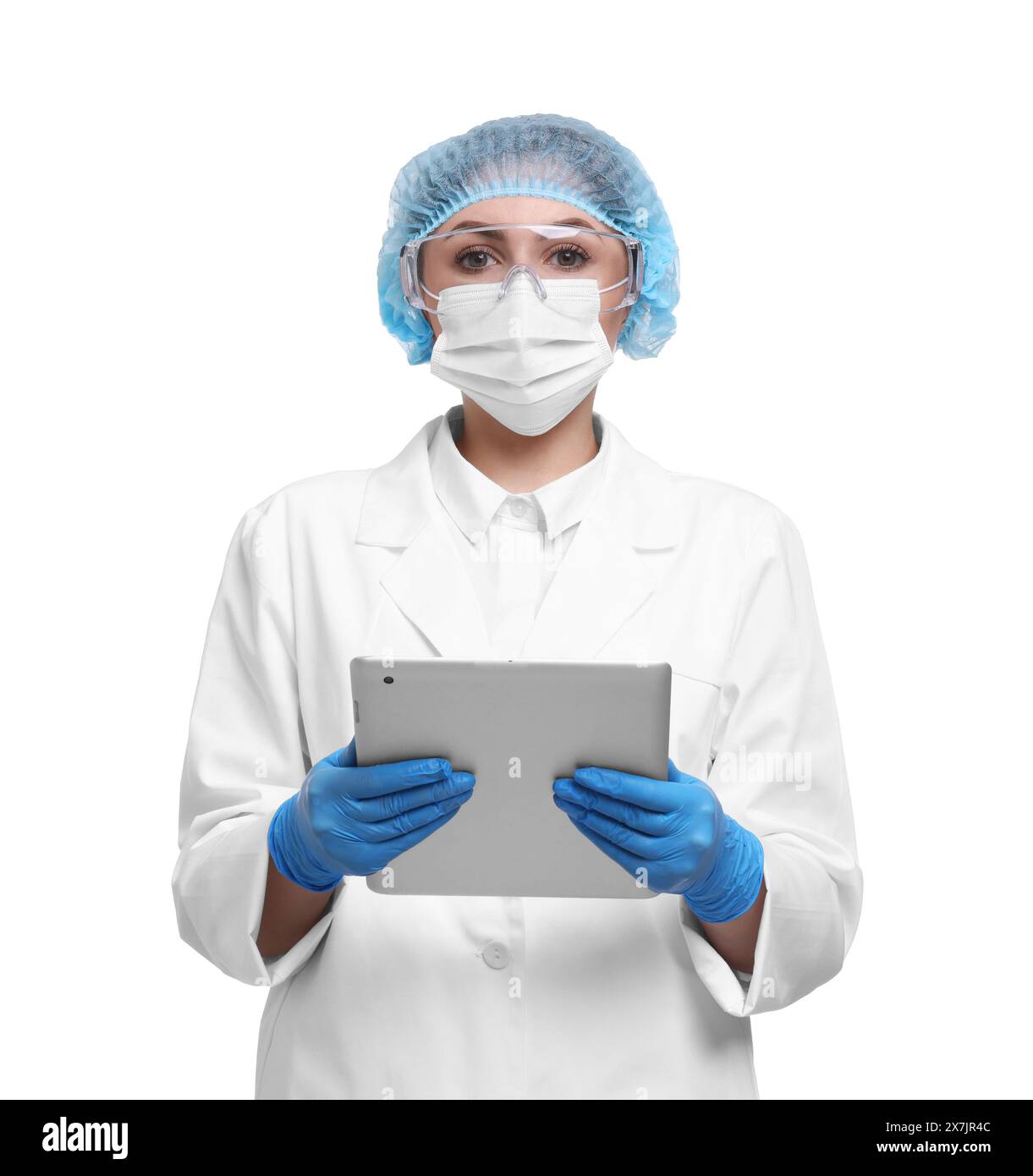 Quality control. Food inspector with tablet on white background Stock ...