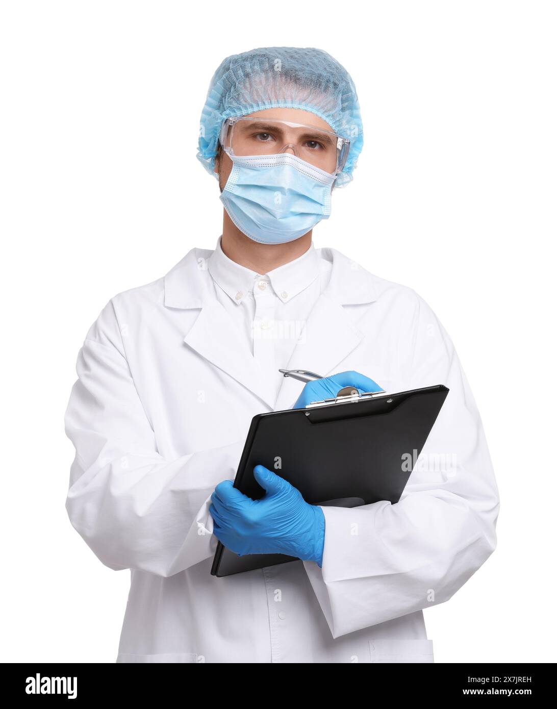 Quality control. Food inspector with clipboard on white background ...