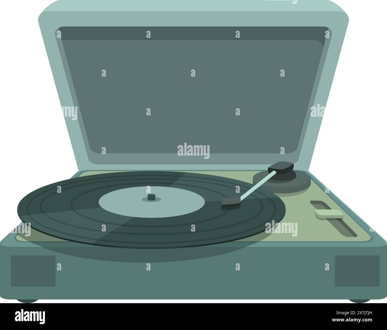 Detailed vintage record player illustration with turntable, vinyl, and ...