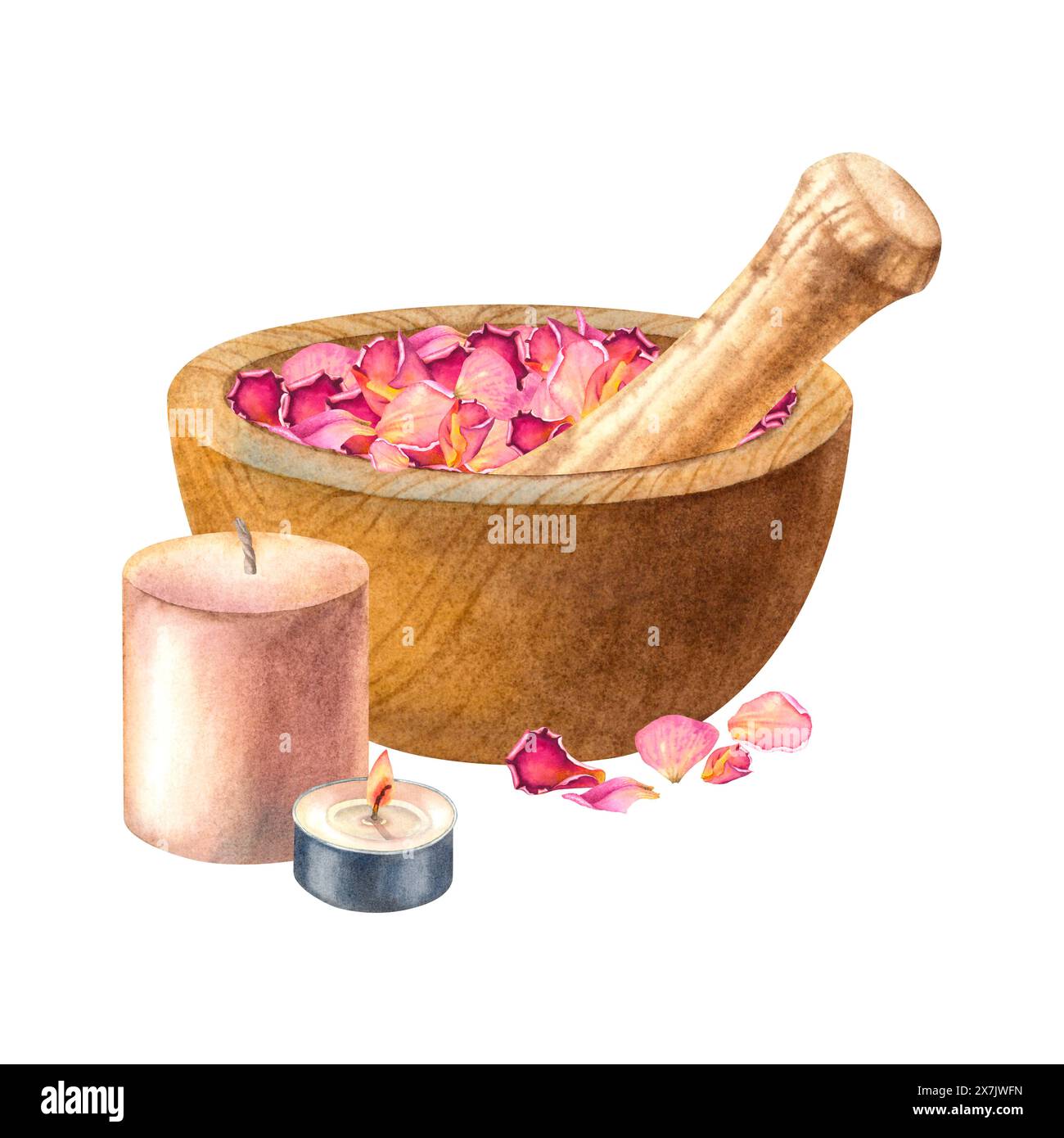 Wooden mortar and pestle with dry rose petals, candles. Hand drawn ...