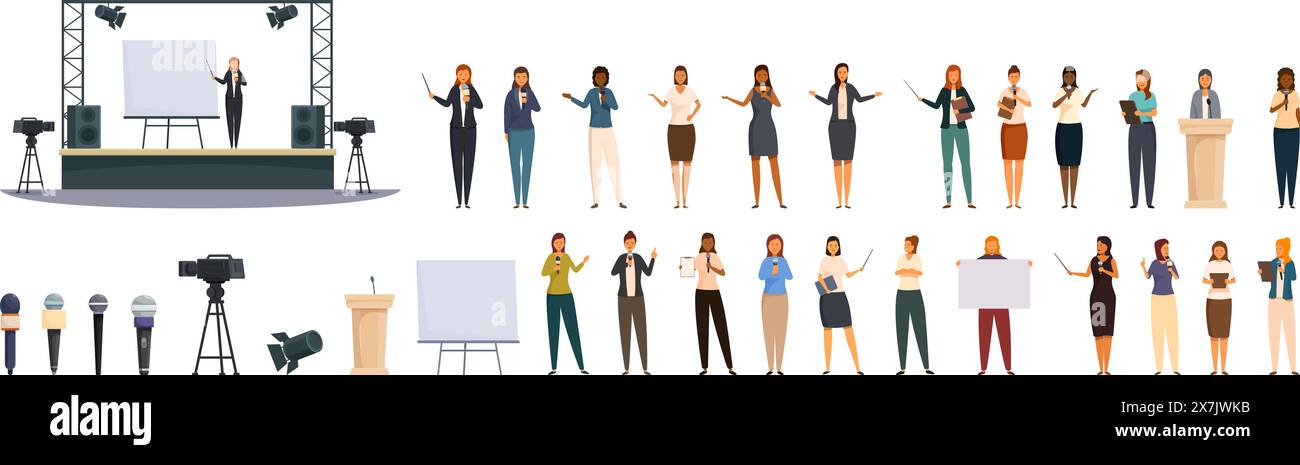 Female presenter vector. A group of people are standing in front of a ...