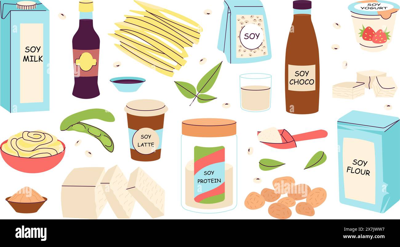 Soy products. Green beans and protein, powder and vegetable drinks with ...