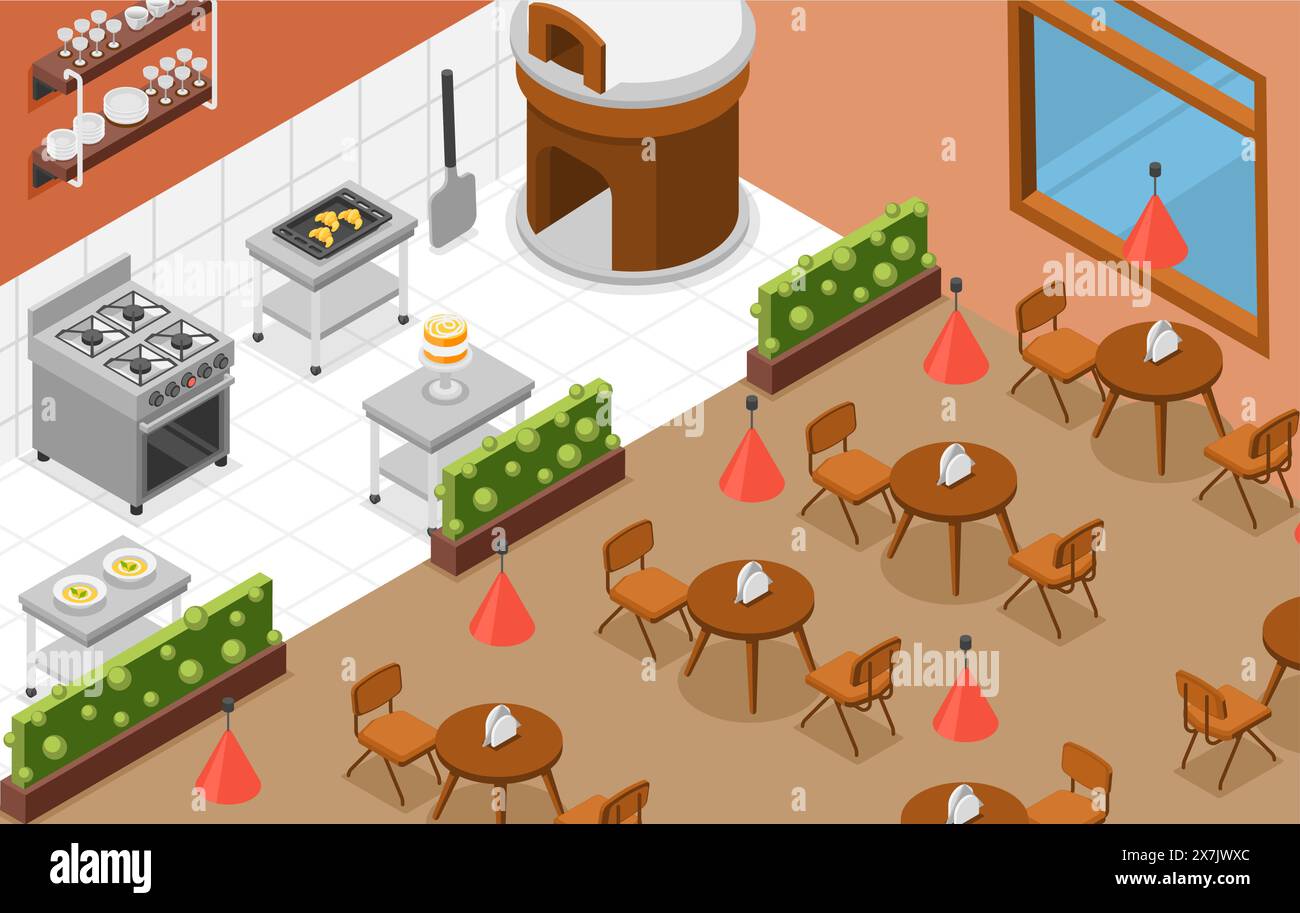 Isometric cafeteria. Pizzeria interior with special stove, tables and ...