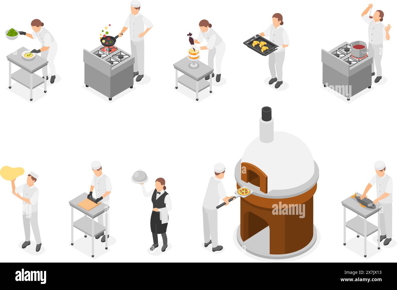 Isometric professional chefs. People cooking and baking, bakery ...