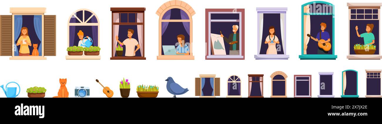 Window neighbor vector. A series of windows with people in them, some ...