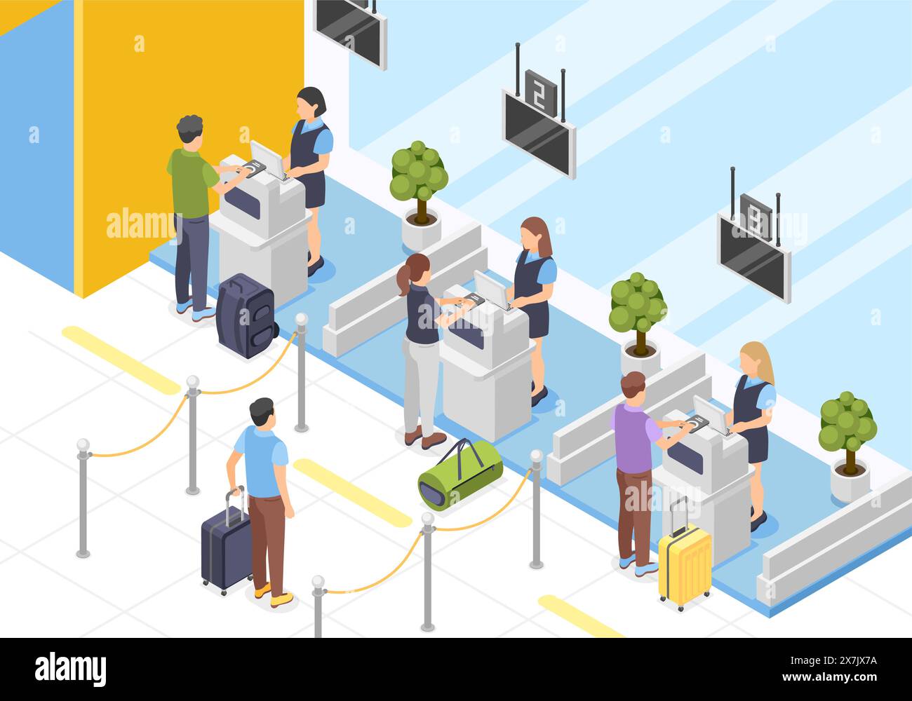 Isometric airport baggage tape and check in service. Passengers ...