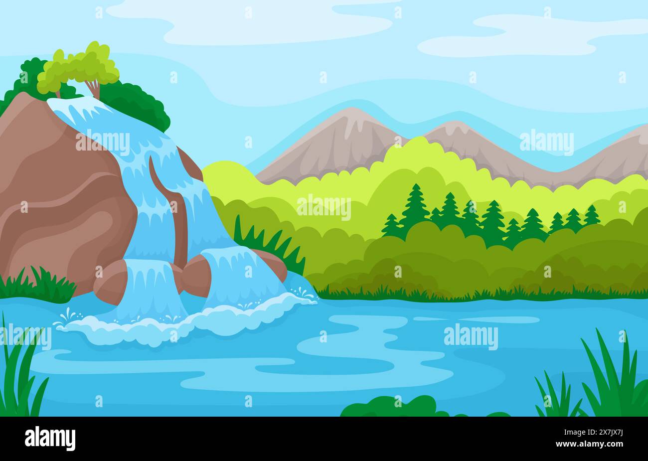 Nature landscape with waterfall in valley. Water streams in lake, hills ...