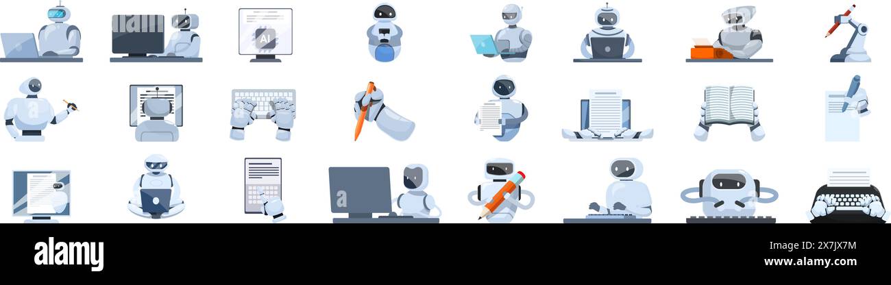 Robot-writer vector. A collection of robot characters with various jobs ...