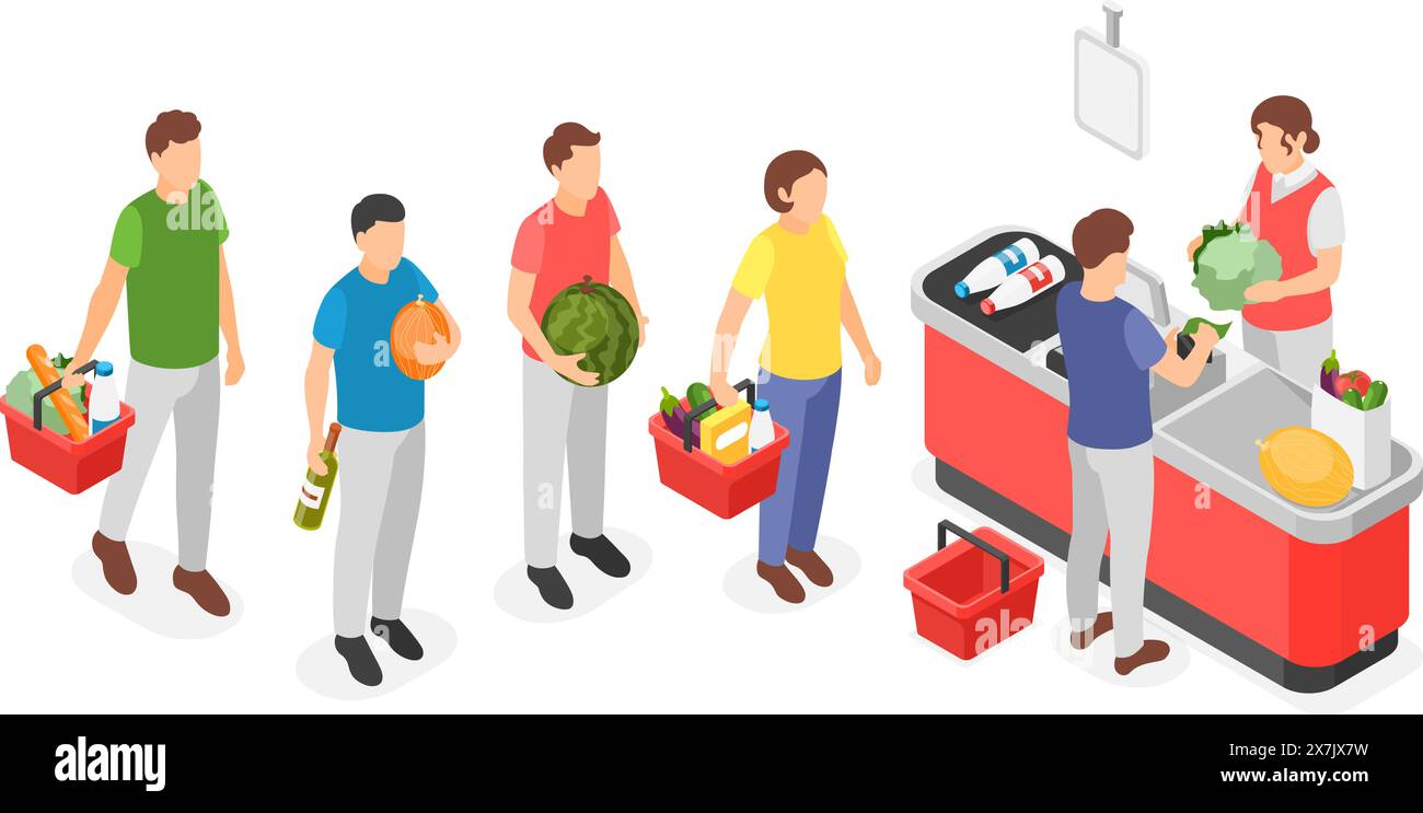 Isometric grocery store waiting line to cash service. Queue to cashier ...