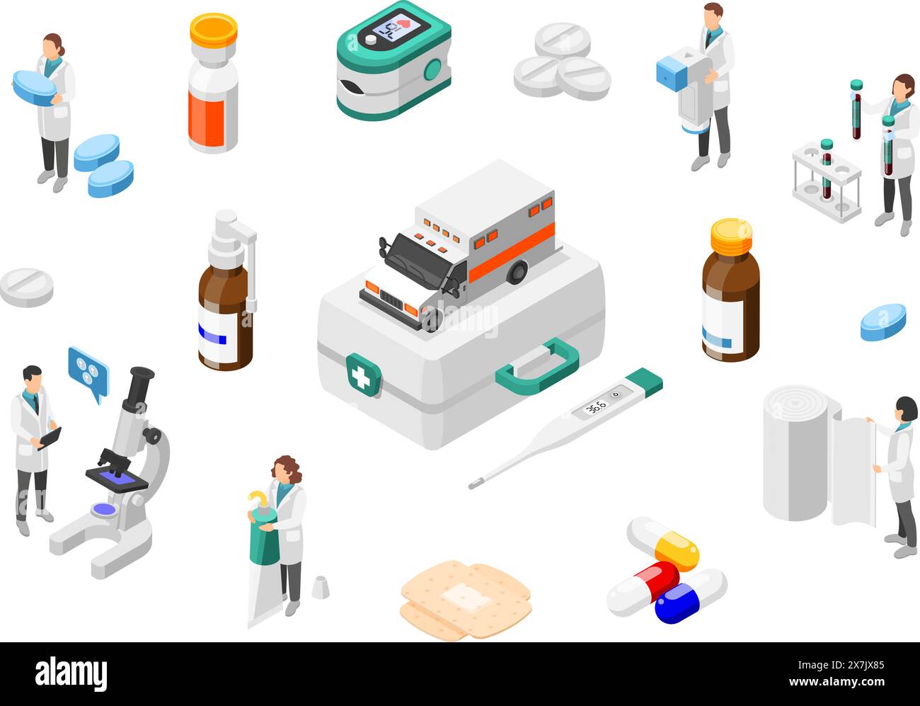Isometric pharmacy industry. Medical characters with medications, first ...