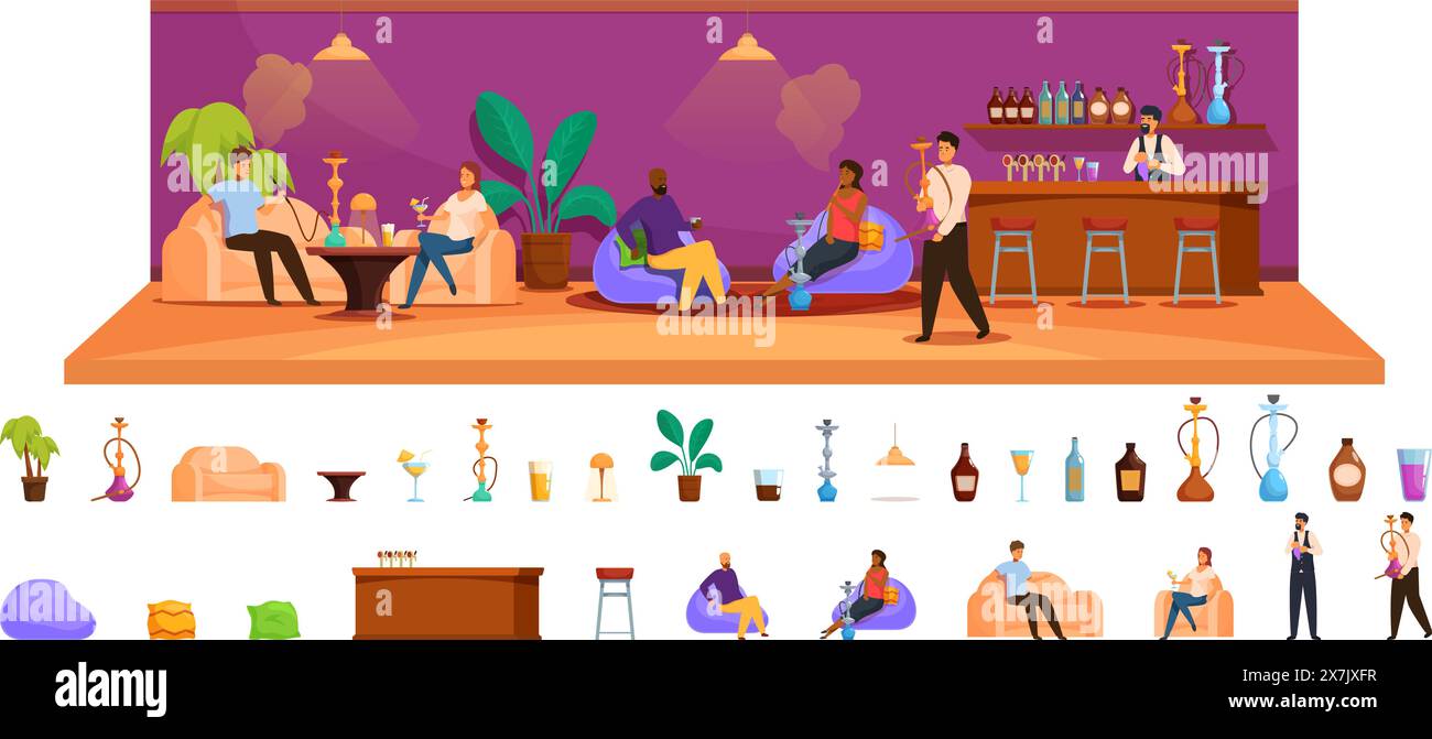 People shisha bar vector. A cartoonish drawing of a bar with people ...