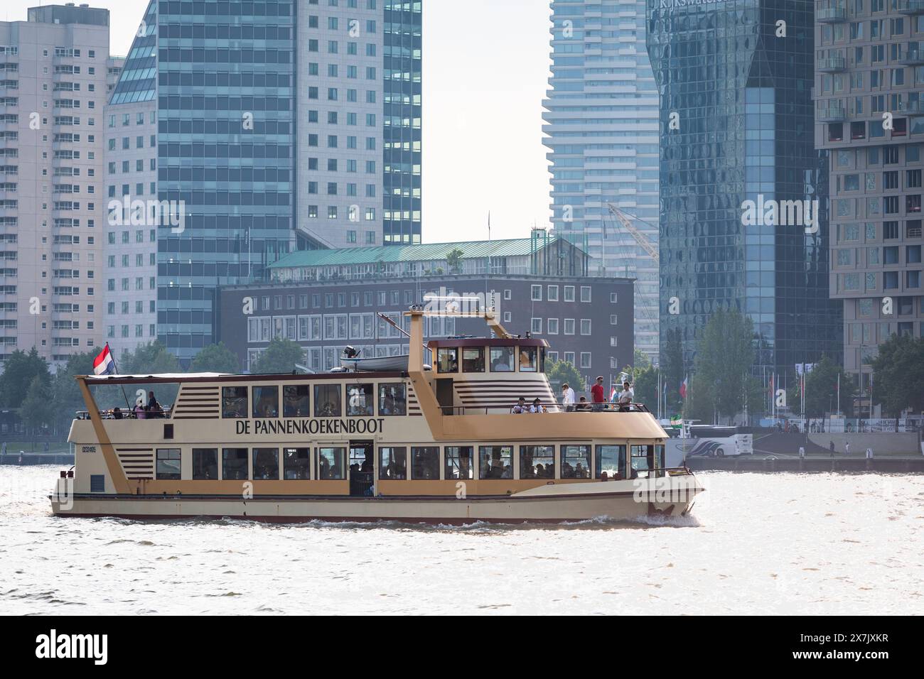Sightseeing boat and pancake restaurant sailing the river Meuse at the ...