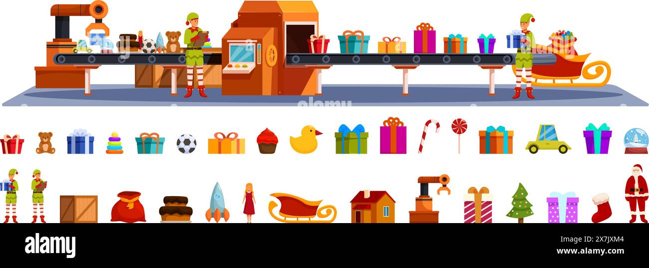 Christmas factory conveyor vector. A cartoon of elves working in a ...