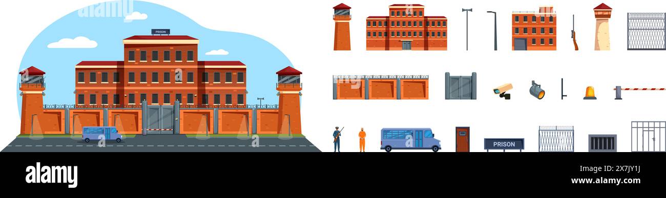 Prison building vector. A series of images of a prison building and its ...