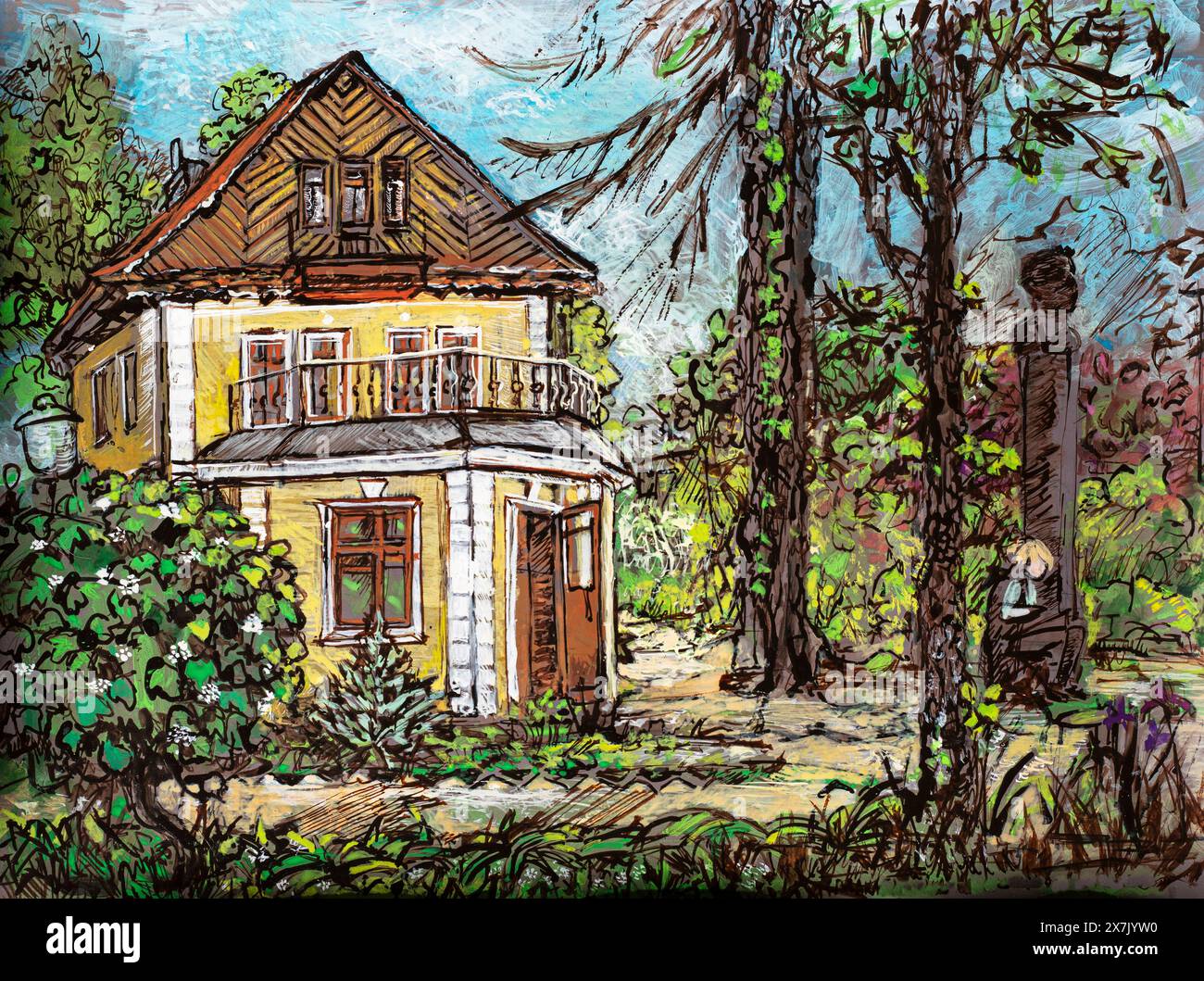 hand-drawn illustration of a wooden house illuminated by the early rays ...