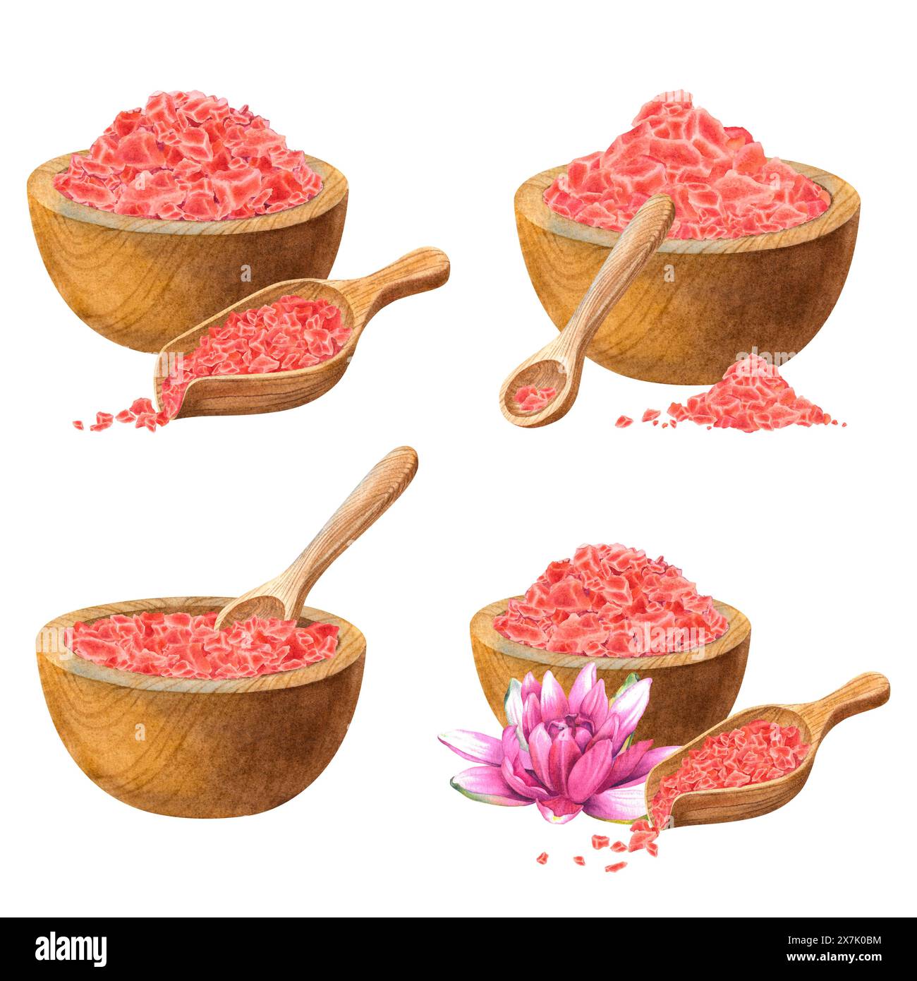 Set of wooden bowls, scoops, spoons with pink Himalayan salt and water ...