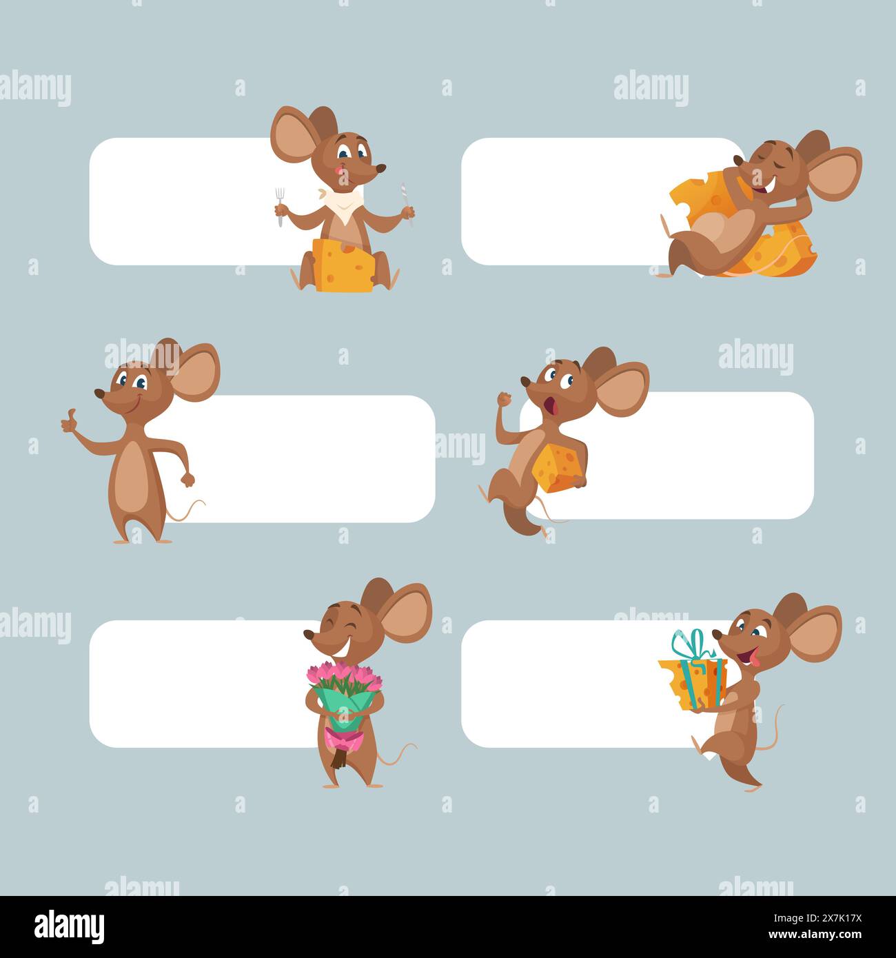 Cartoon mouse banners with funny mascot mouse in action poses Stock ...