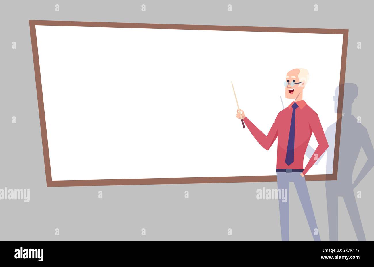 Teacher pointing man holding pointer in hands and standing near empty ...