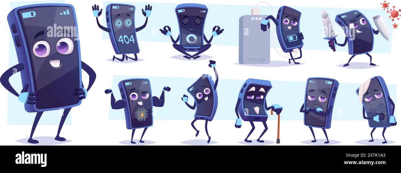 Smartphone mascot. Cartoon mobile phone with hands and emotional faces ...
