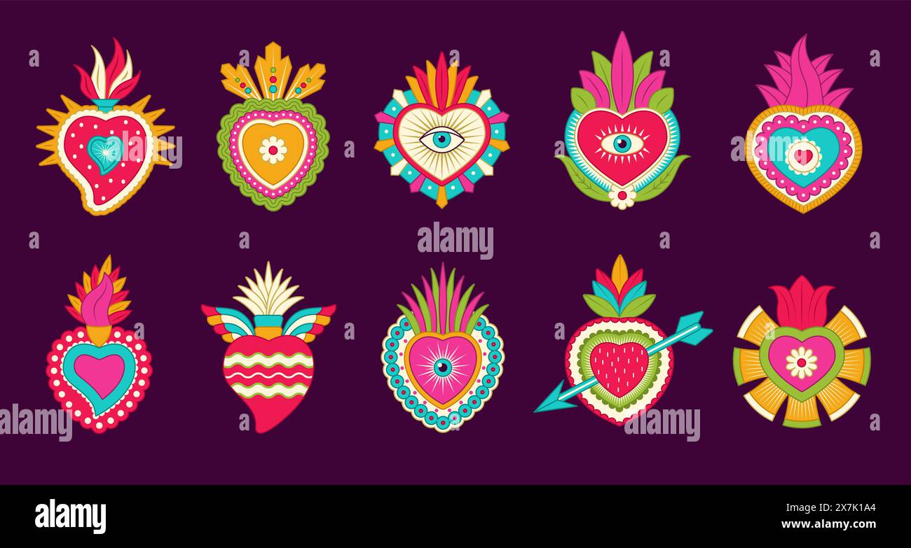 Mexican hearts. Authentic symbols eyes and decorative hearts religious ...