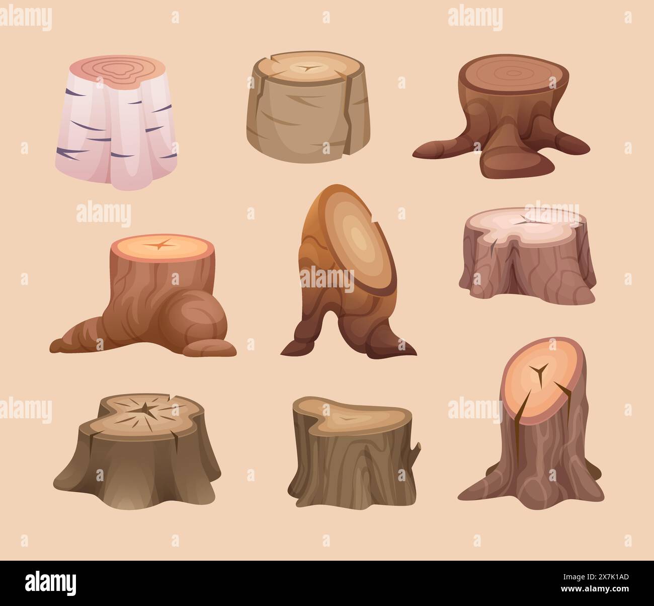 Stumps. Wooden old tree stumps outdoor oak collection exact vector set ...