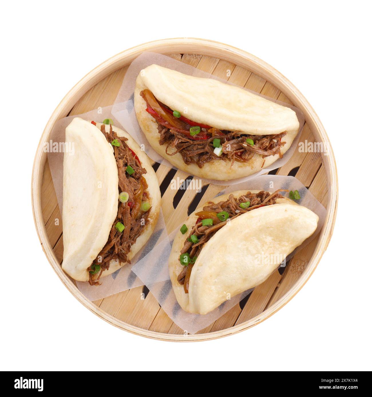 Delicious gua bao in bamboo steamer isolated on white, top view Stock ...