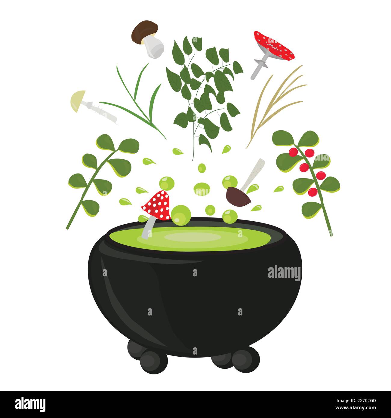 Cauldron with witchs potion and ingredients. Vector illustration ...