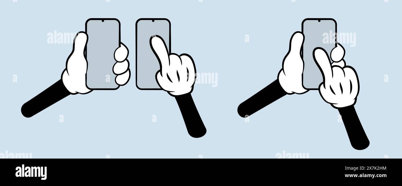 Mobile phone in the hands. Cartoon hands holding smartphone and taping ...