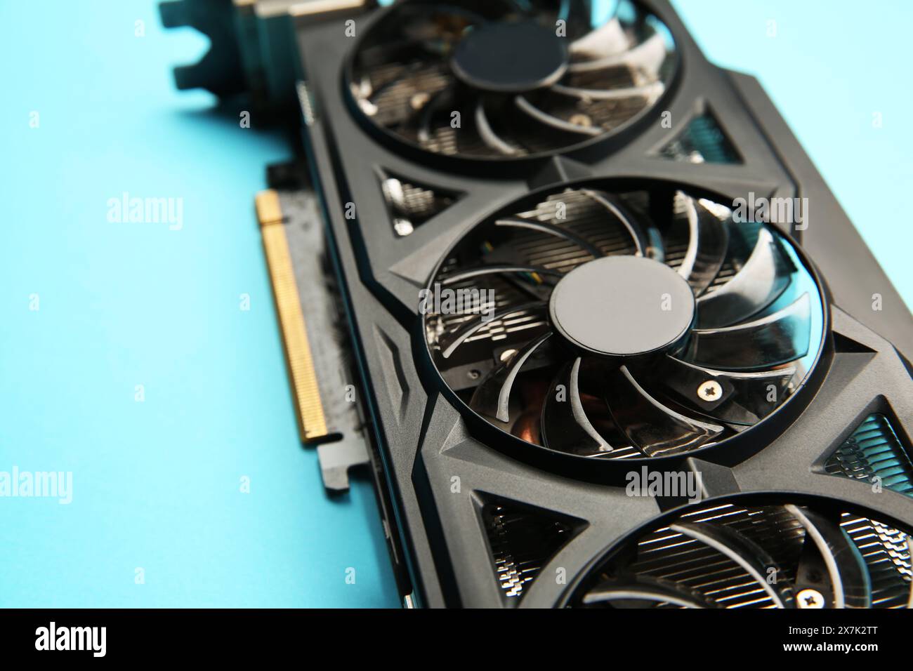 One graphics card on light blue background, closeup Stock Photo - Alamy