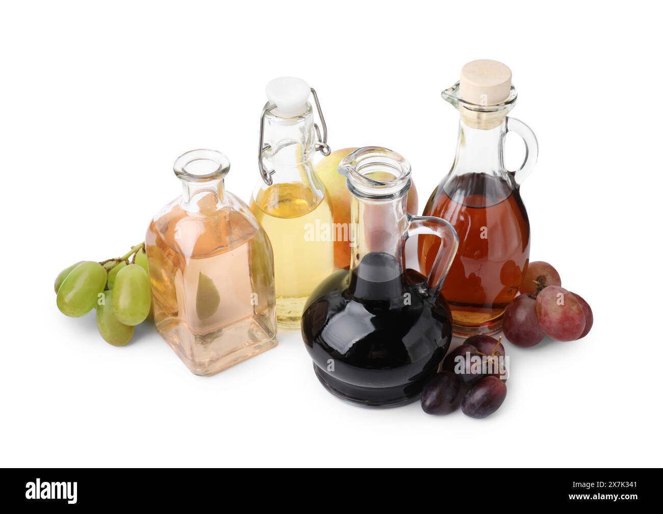 Different types of vinegar and ingredients isolated on white Stock ...