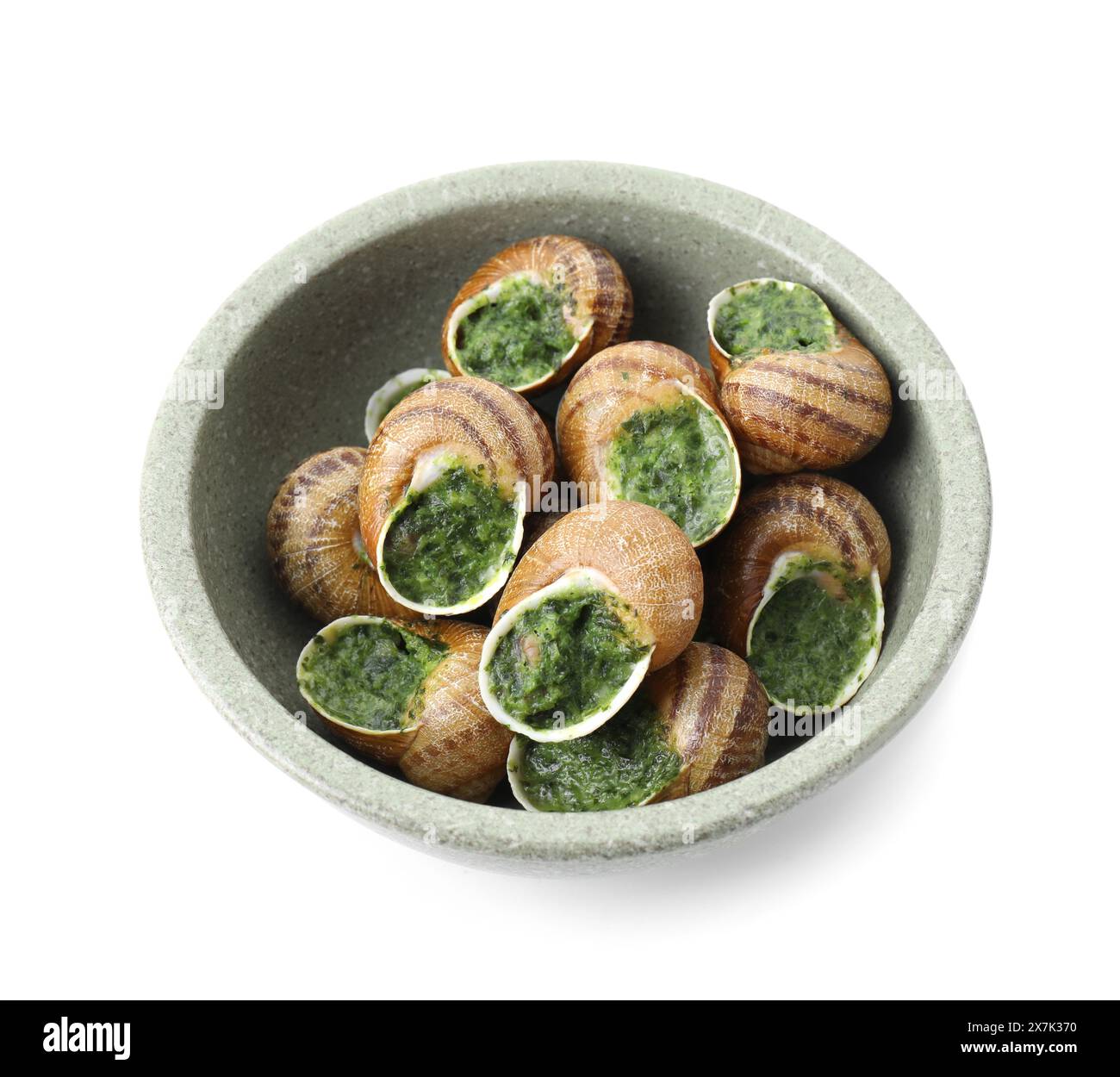 Delicious cooked snails in bowl isolated on white Stock Photo - Alamy