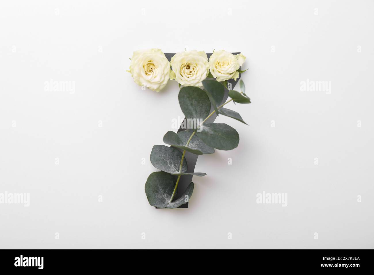 Number 7 made of beautiful flowers and eucalyptus leaves on white ...