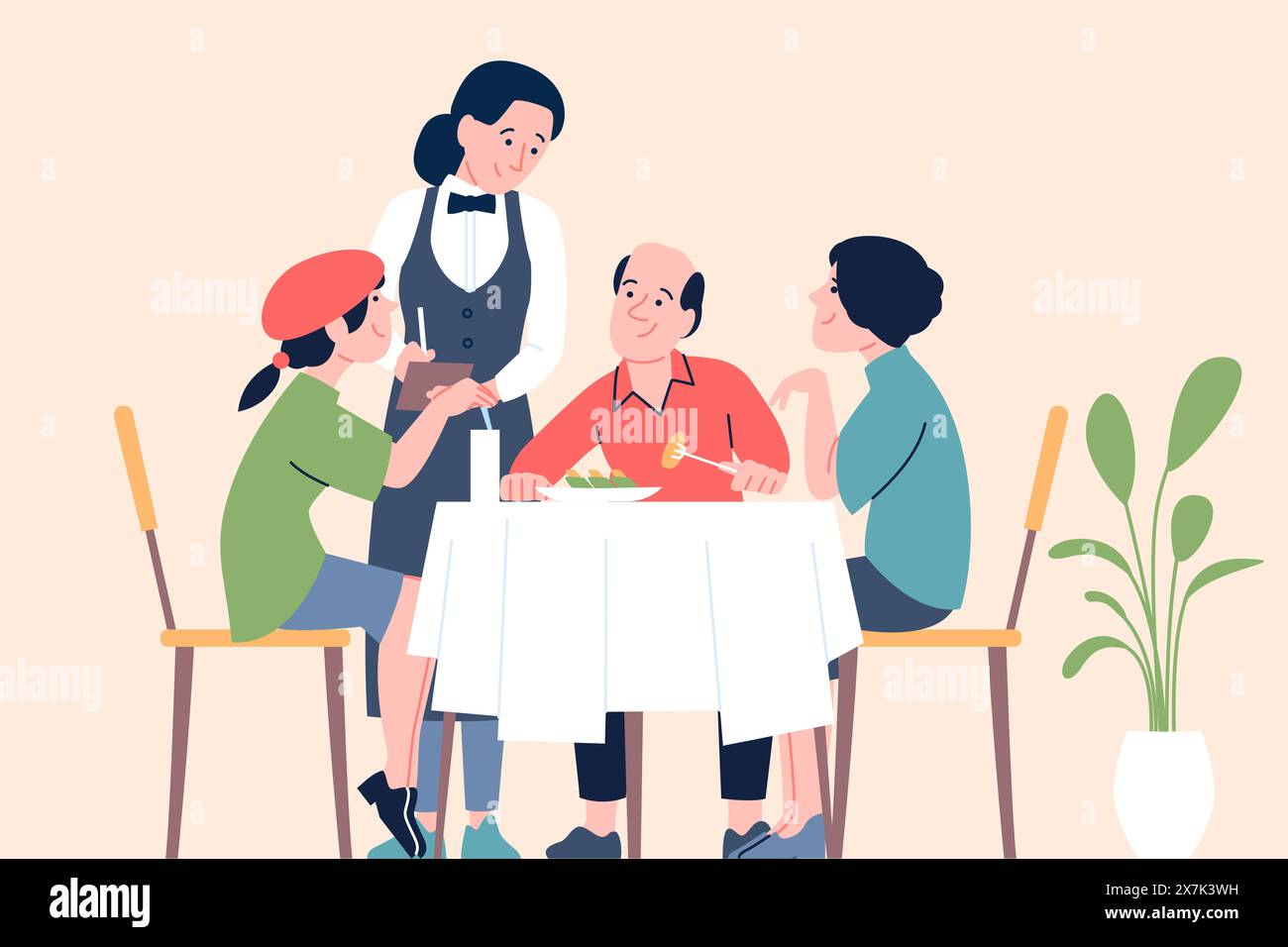 Family in restaurant. Waiter takes order in cafe, parents and kid have ...