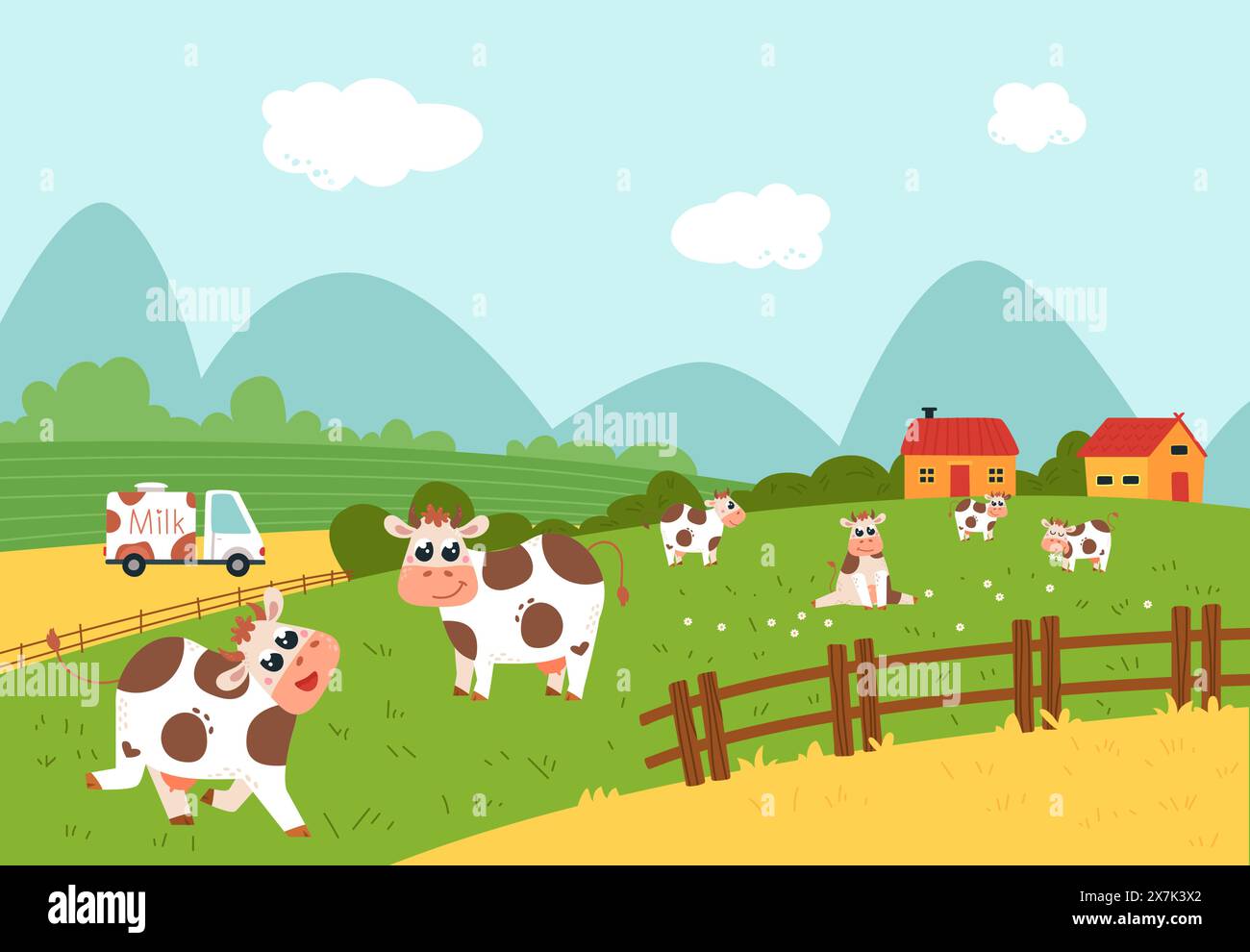 Cows on green meadow. Agriculture landscape, cow walking on nature ...
