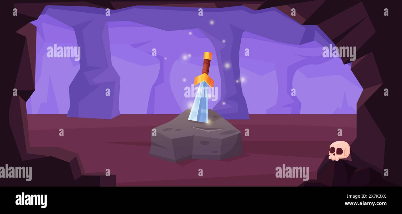 Sword in stone in cave. Medieval fairy tale scene with old knights ...