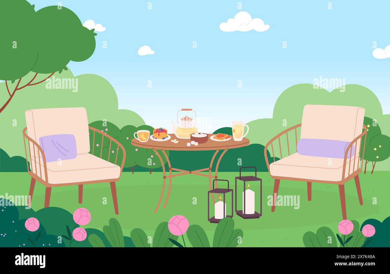 Cozy seasonal teatime in garden. Summer breakfast on nature, tea ...