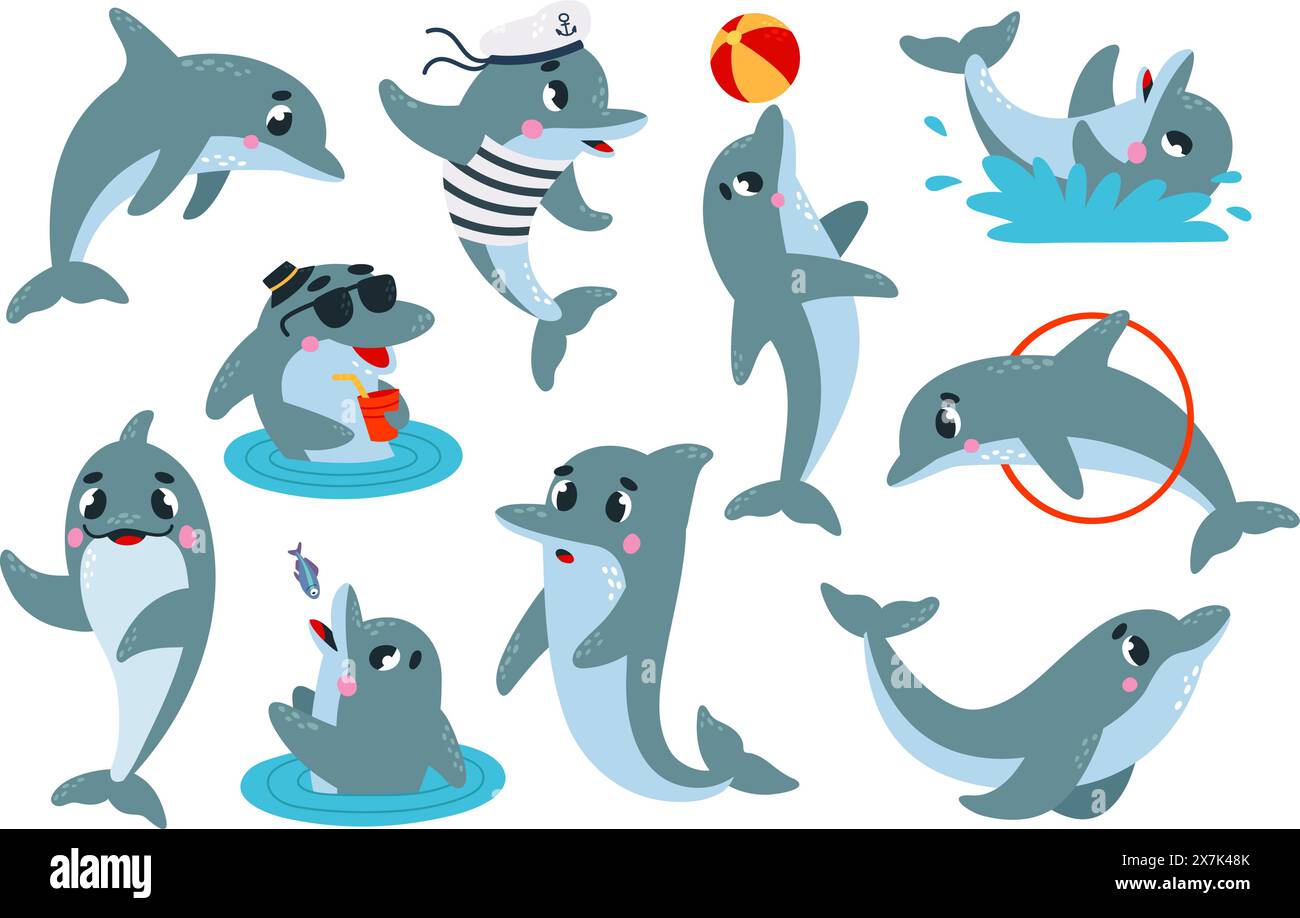 Cartoon dolphins. Funny dolphin performing and doing tricks. Underwater ...
