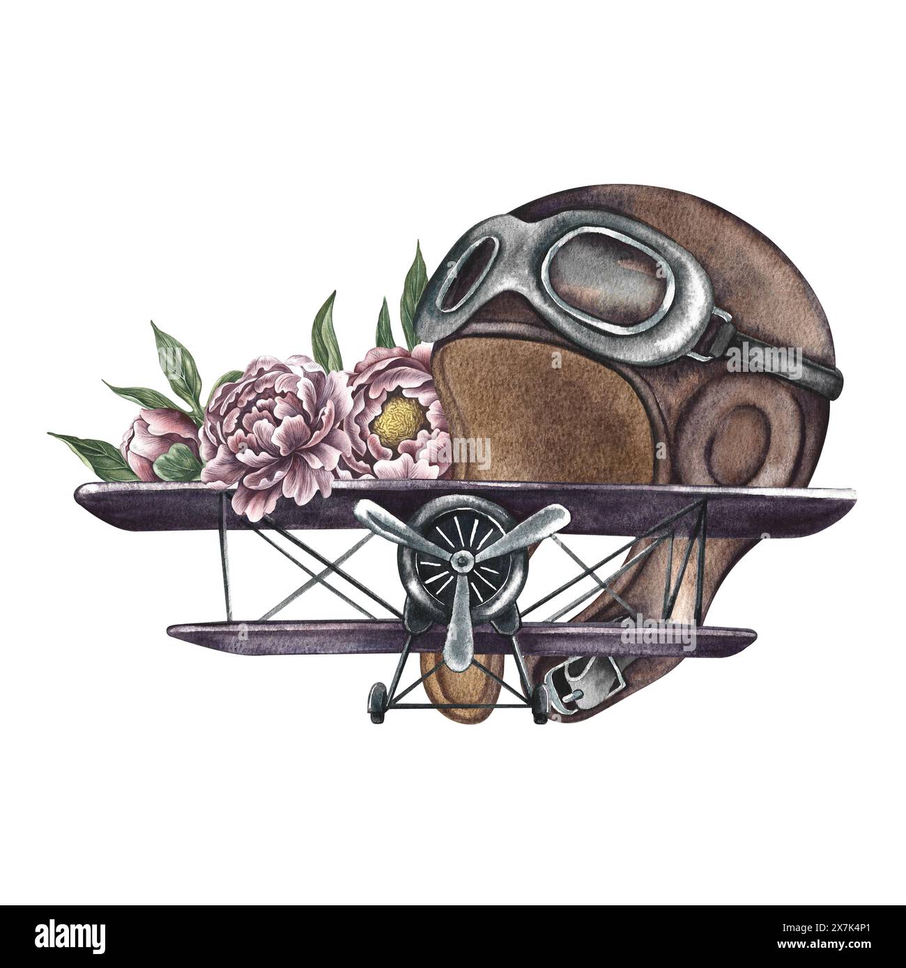 Vintage retro airplane decorated with flowers, an old pilot's helmet ...