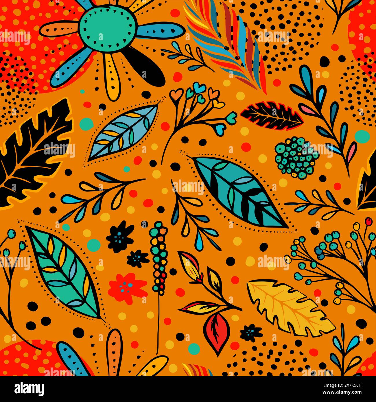 Seamless orange background with decorative floral elements. hand ...