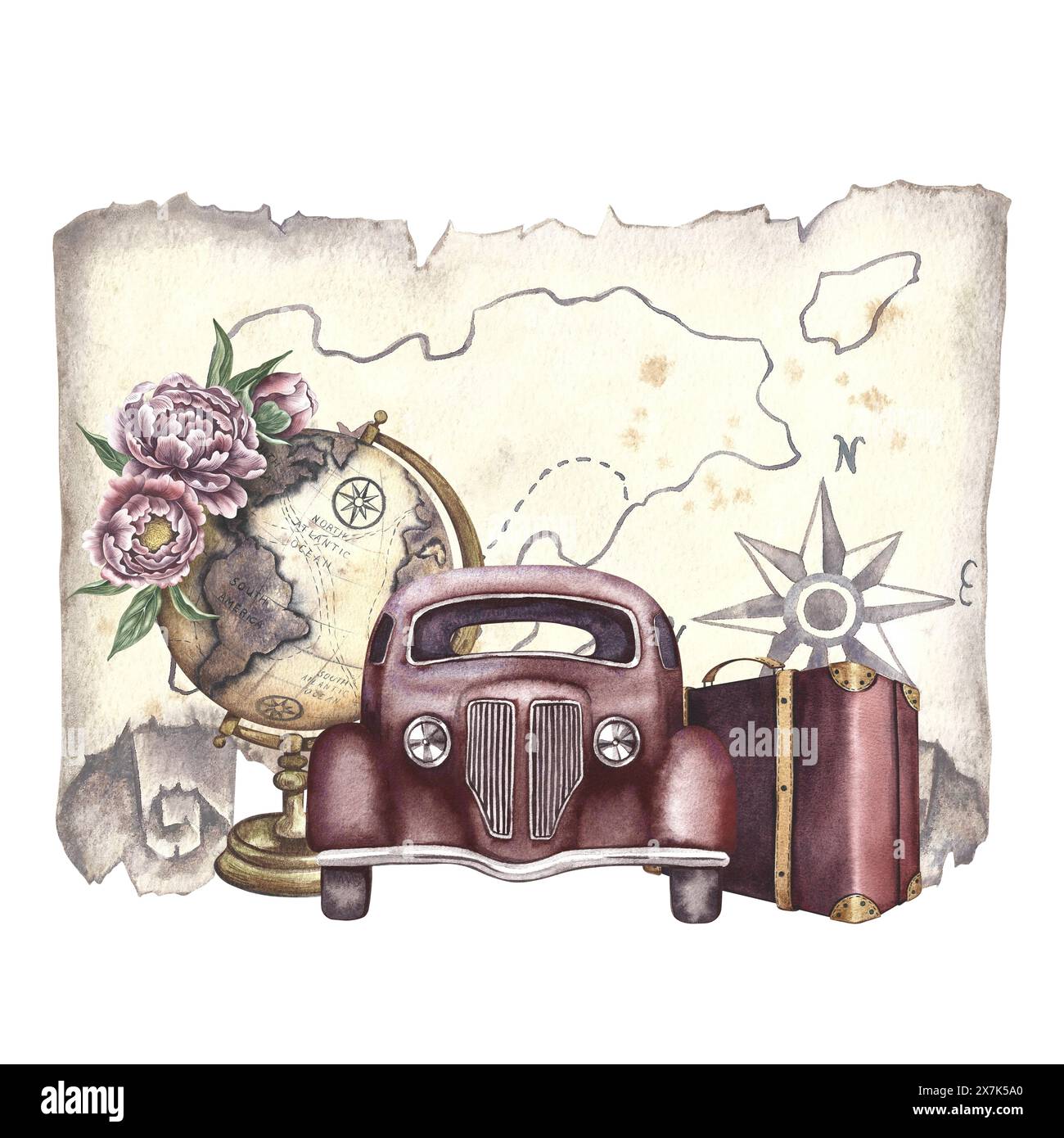 A retro car and an antique globe of the earth, an old map and suitcases ...